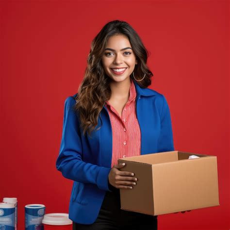 Premium Photo Woman In Blue Jacket Holding Box