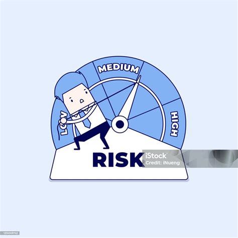 사업가는 비즈니스 또는 삶의 위험을 관리합니다 속도계의 위험은 높고 중간 낮습니다 만화 캐릭터 얇은 선 스타일 벡터 개념에 대한 스톡 벡터 아트 및 기타 이미지 Istock