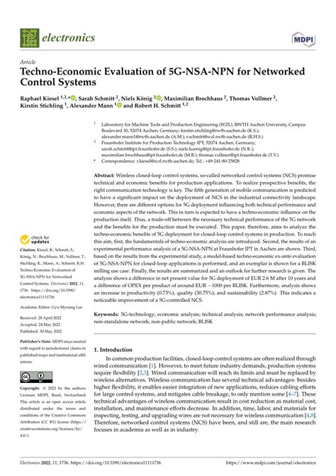 Pdf Techno Economic Evaluation Of 5g Nsa Npn For Networked Control Systems