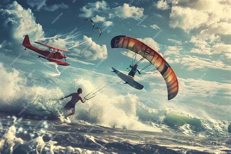 Premium Photo A Man Is Holding A Surfboard And A Parachute Is Flying