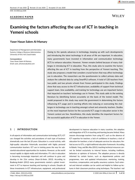 Factors Affecting The Use Of Ict In Teaching In Yemeni Schools 3 Pdf Educational Technology