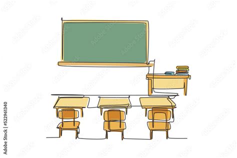 Continuous One Line Drawing Interior Design At School Classroom With White Board Back To School