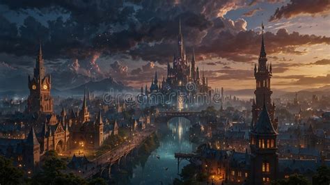 Fantasy Castle City Under A Dramatic Night Sky Stock Illustration