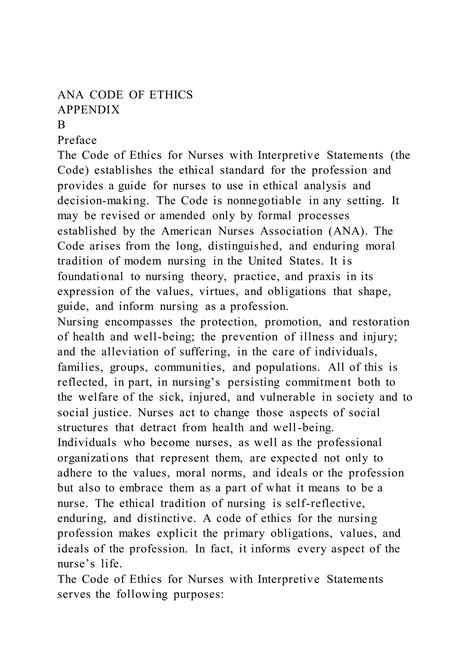 ANA CODE OF ETHICSAPPENDIXBPrefaceThe Code Of Ethics For N DOCX