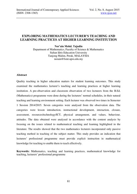 pdf exploring mathematics lecturer s teaching and learning practices