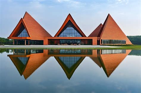 Modern Architectural Structure With Triangular Roofs Reflecting In Water Stock Illustration