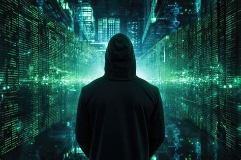 premium ai image rear view of hacker in hoodie looking at night city