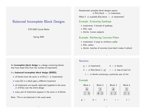 balanced incomplete block designs slides sta 6208 docsity