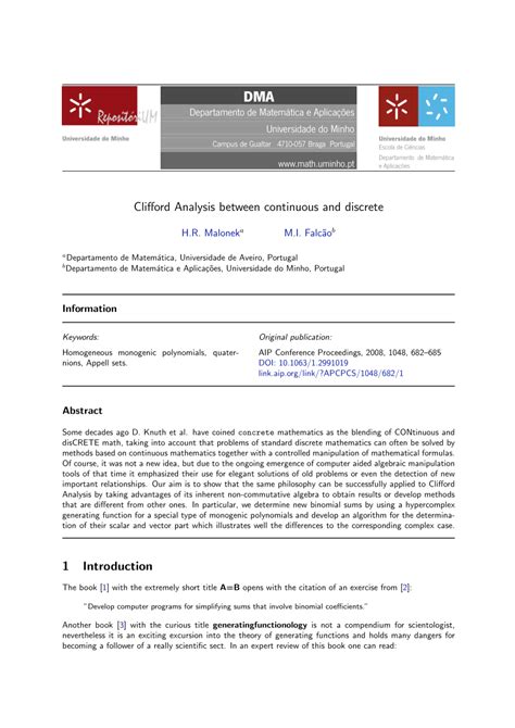 Pdf Clifford Analysis Between Continuous And Discrete