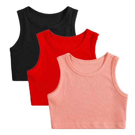 Xmarks 3 Pack Girls Sleeveless Cropped Tank Top Crewneck Ribbed Crop