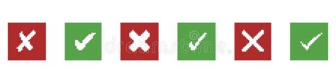 Pixel Art Green Check Marks And Red X Icons Set In Squares Approval And Rejection Symbol In Ui