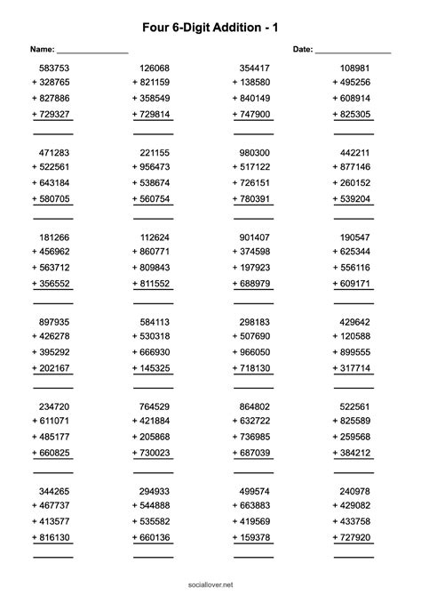Four 6 Digit Addition Worksheets