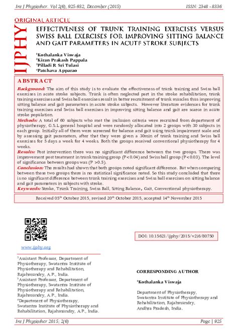 Pdf Effectiveness Of Trunk Training Exercises Versus Swiss Ball Exercises For Sitting Balance