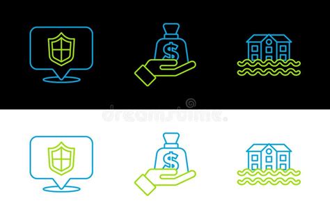 Set Line House Flood Location Shield And Money In Hand Icon Vector Stock Illustration