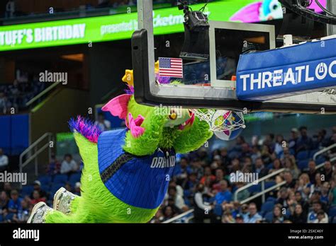 Orlando Florida Usa February 23 2025 The Orlando Magic Mascot Stuff The Magic Dragon Doing