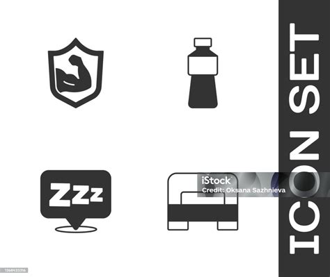큰 침대 보디 빌더 근육 슬리피와 물 아이콘의 병 설정 벡터 가구에 대한 스톡 벡터 아트 및 기타 이미지 가구 건강 진단 건강관리와 의술 Istock