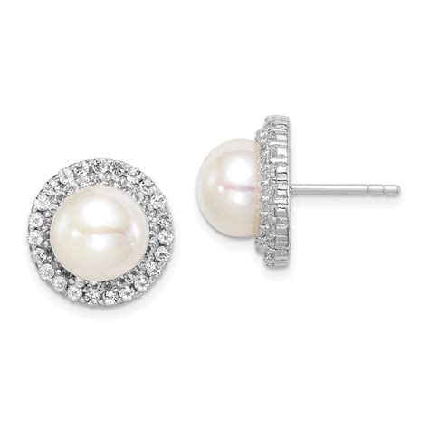 Silver 8 9mm White Button Freshwater Cultured Pearl And Cz Post