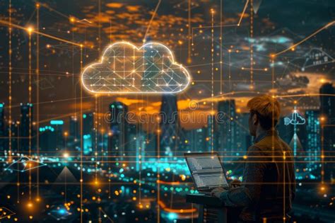 Man Working On Laptop With Cloud Computing Smart City Network