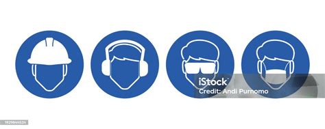 번들 세트 블루 라운드 아이콘 머리 보호 헬멧 귀 패드 커버 고글 산업 건설 엔지니어링 안전 표지 용 안면 마스크 착용 아이콘에