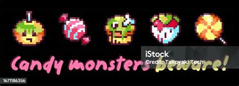 할로윈 픽셀 아트 프린트 캔디 몬스터 레트로 게임 이벤트 할로윈 파티 패턴 또는 90년대 비디오 게임 디자인에 대한 인용문을 조심하십시오 벡터 으스스한 사과 사탕 소름