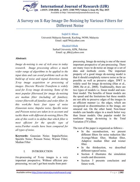 PDF A Survey On X Ray Image De Noising By Various Filters For Different Noise