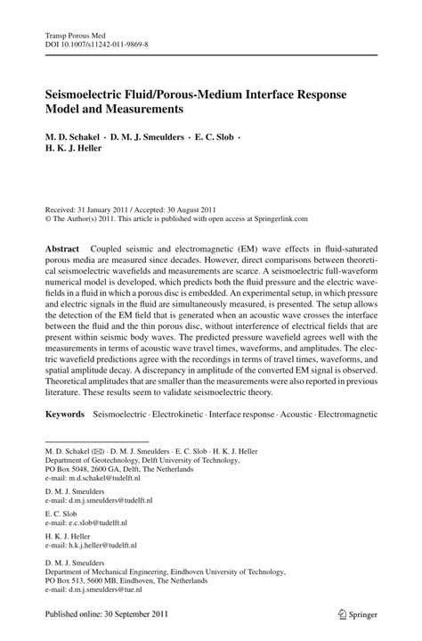 Pdf Seismoelectric Fluid Porous Medium Interface Response Model And Measurements