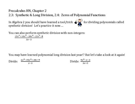 Notes In Class Work Precalculus HN Chapter Synthetic Long Division Zeros Of