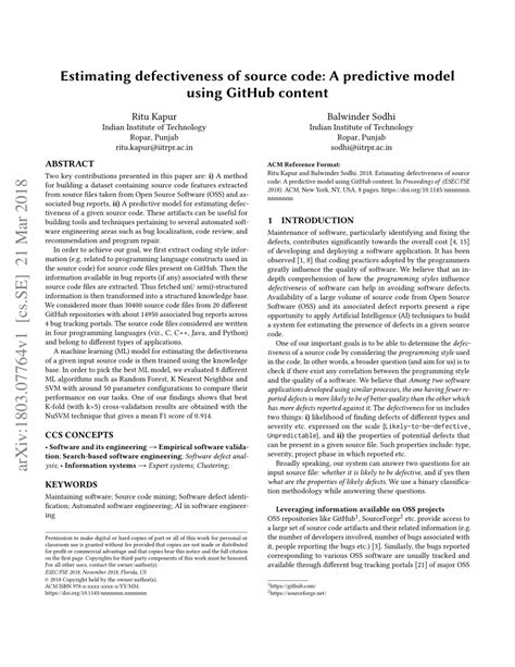 Pdf Estimating Defectiveness Of Source Code A Predictive Model Using Github Content