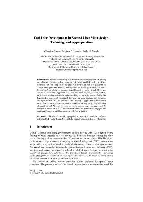 Pdf End User Development In Second Life Meta Design Tailoring And