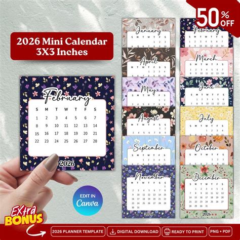 2026 Printable 3x3 Mini Watercolor Floral Calendar Printable Calendar