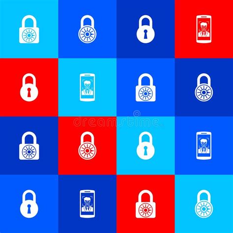 Set Safe Combination Lock Wheel Lock And Mobile And Face Recognition Icon Vector Stock