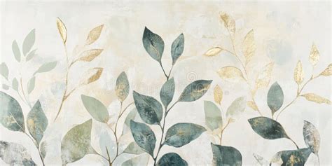 Elegant Ivory And Sage Green Botanical Texture With Intricate Gold Leaf Accents Stock Image