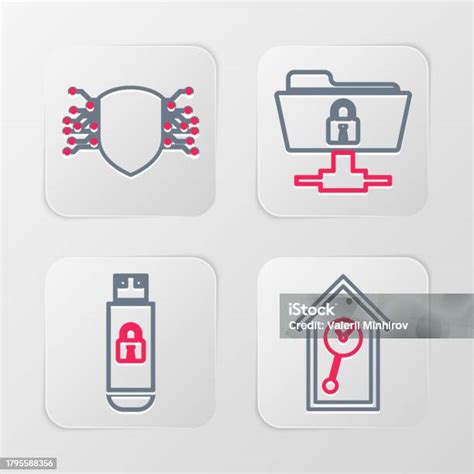 라인 레트로 벽시계 잠금 장치가 있는 Usb 플래시 드라이브 Ftp 폴더 및 사이버 보안 아이콘을 설정합니다 벡터 Usb 케이블에 대한 스톡 벡터 아트 및 기타 이미지
