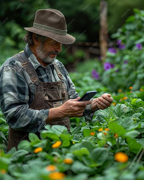 A Farmer Using Mobile App Monitor Wallpaper Premium Ai Generated Image
