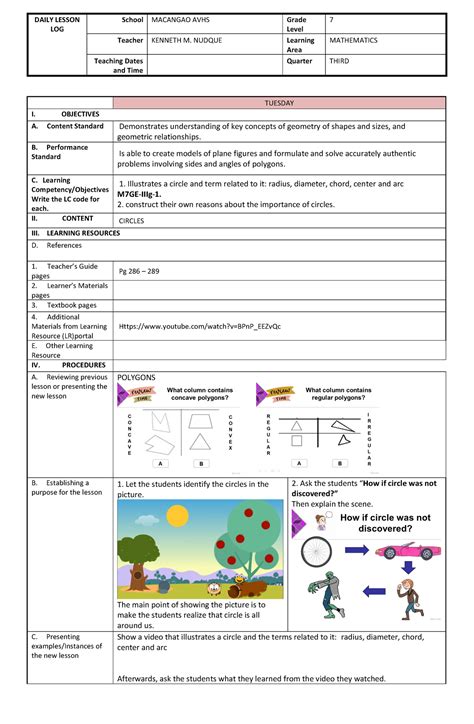 Daily Lesson LOG Format DAILY LESSON LOG Babe MACANGAO AVHS Grade Level Teacher KENNETH M