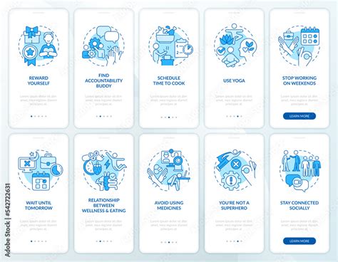Remote Worker Mental Health Blue Onboarding Mobile App Screen Set Walkthrough 5 Steps Editable