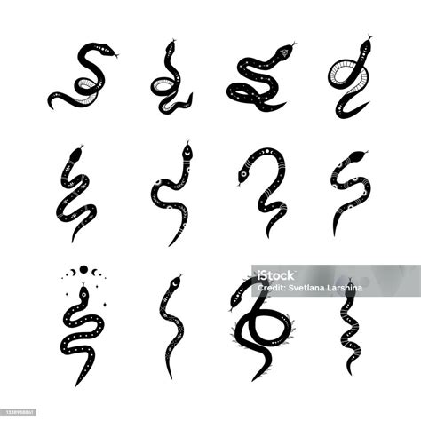 달보헤미안 스타일의 매직 스네이크 트렌디 한 미니멀 한 스타일로 신비한 상징의 컬렉션 난교 벡터 일러스트레이션 고딕 양식에 대한 스톡 벡터 아트 및 기타 이미지 Istock