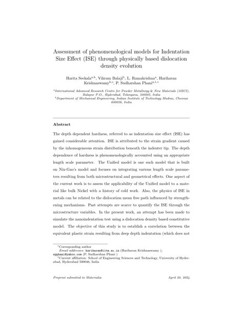 Pdf Assessment Of Phenomenological Models For Indentation Size Effect Ise Through Physically