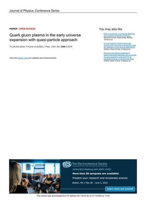 Pdf Quark Gluon Plasma In The Early Universe Expansion With Quasi Particle Approach
