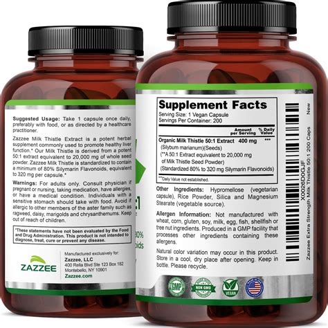 Zazzee Organic Milk Thistle 50 1 추출물 20000 Mg 힘 200 비건 캡슐 80 실리스트
