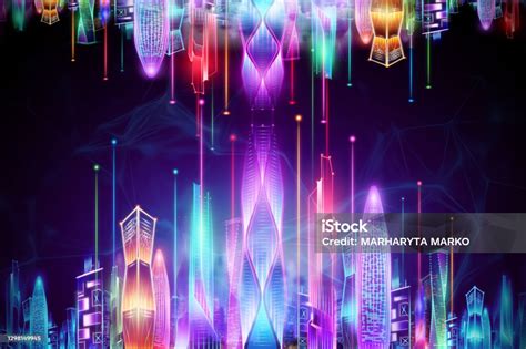 어두운 배경에 홀로그램 스마트 시티 나이트 네온 빅 데이터 전송 기술 개념 3d 렌더링 3d 일러스트레이션 3차원 형태에 대한
