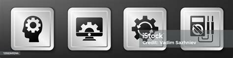 내부 기어 컴퓨터 모니터 및 기어 기어 및 화살표를 워크플로우 및 멀티미터 아이콘으로 설정합니다 실버 스퀘어 버튼 벡터 기어