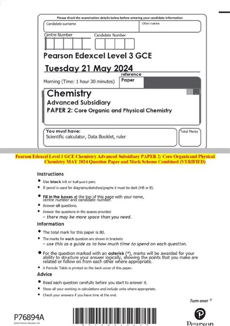 Pearson Edexcel Level 3 Gce Chemistry Advanced Subsidiary Paper 2 Core