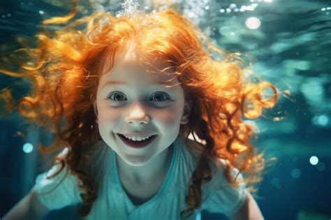 Premium Ai Image Happy Smiling Redhaired Girl Swimming Underwater