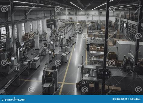 Factory Floor With Robots And Printers Moving Parts To Assembly Line