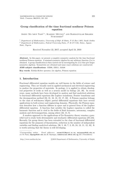 Pdf Group Classification Of The Time Fractional Nonlinear Poisson Equation