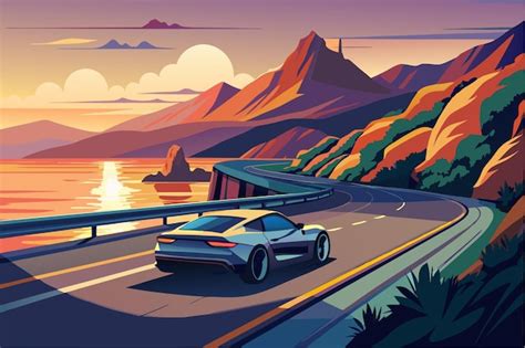 Photorealistic Depiction Of Sleek Modern Car Cruising Down Scenic Coastal Highway At Sunset