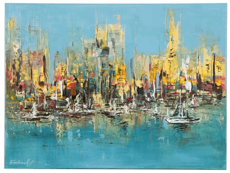 Farshad Lanjani Coastal City Scape Signed Oil Artnewco