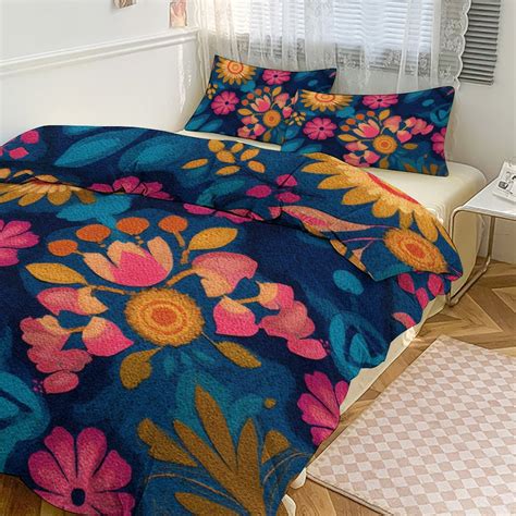 3pcs Vibrant Floral Navy Textile Design Duvet Cover Set Twin 1 Duvet