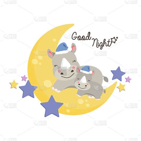 可爱的犀牛妈妈和宝宝在月亮上睡觉。